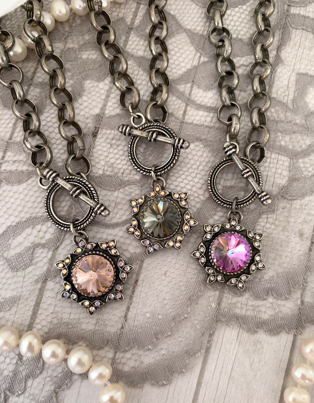 T Bar Toggle Clasp Chain Necklace and Charm Crystal Pendant Necklace ...