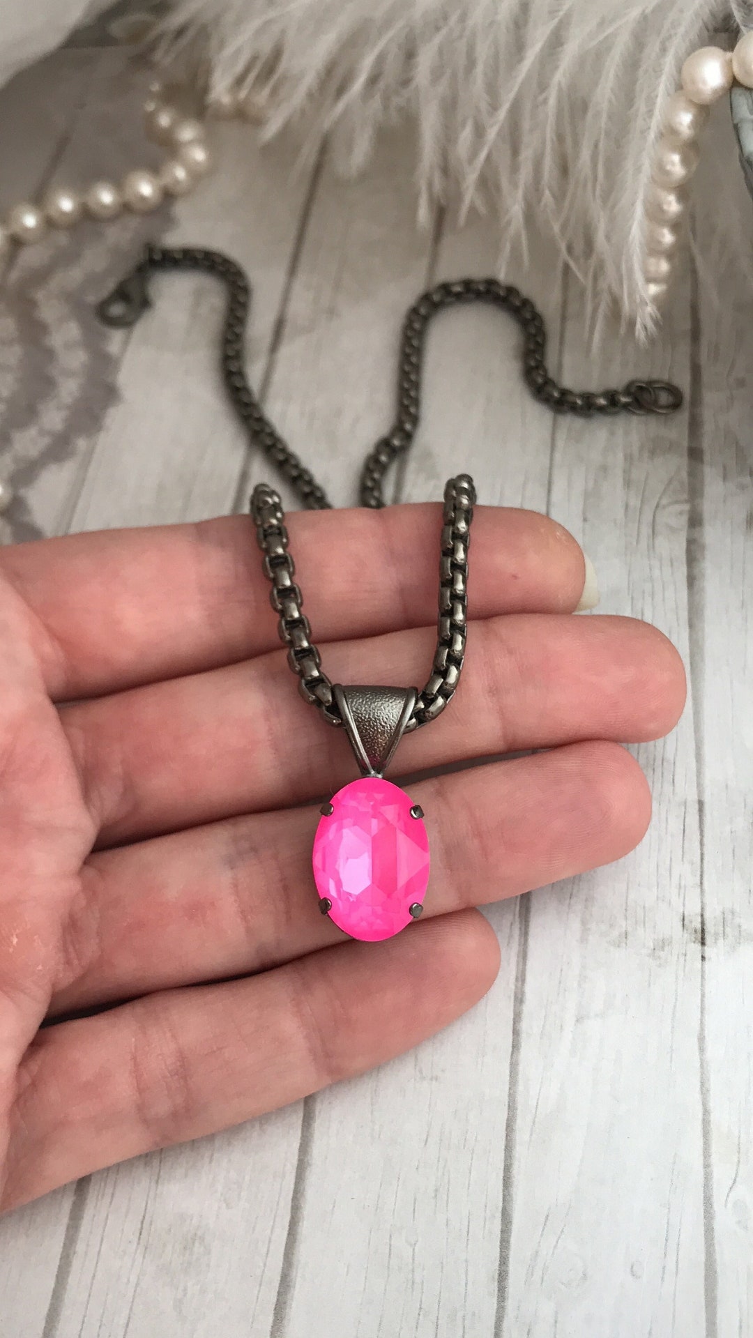 Electric Pink Pendant Necklace, Neon Pink Crystal Solitaire Necklace ...