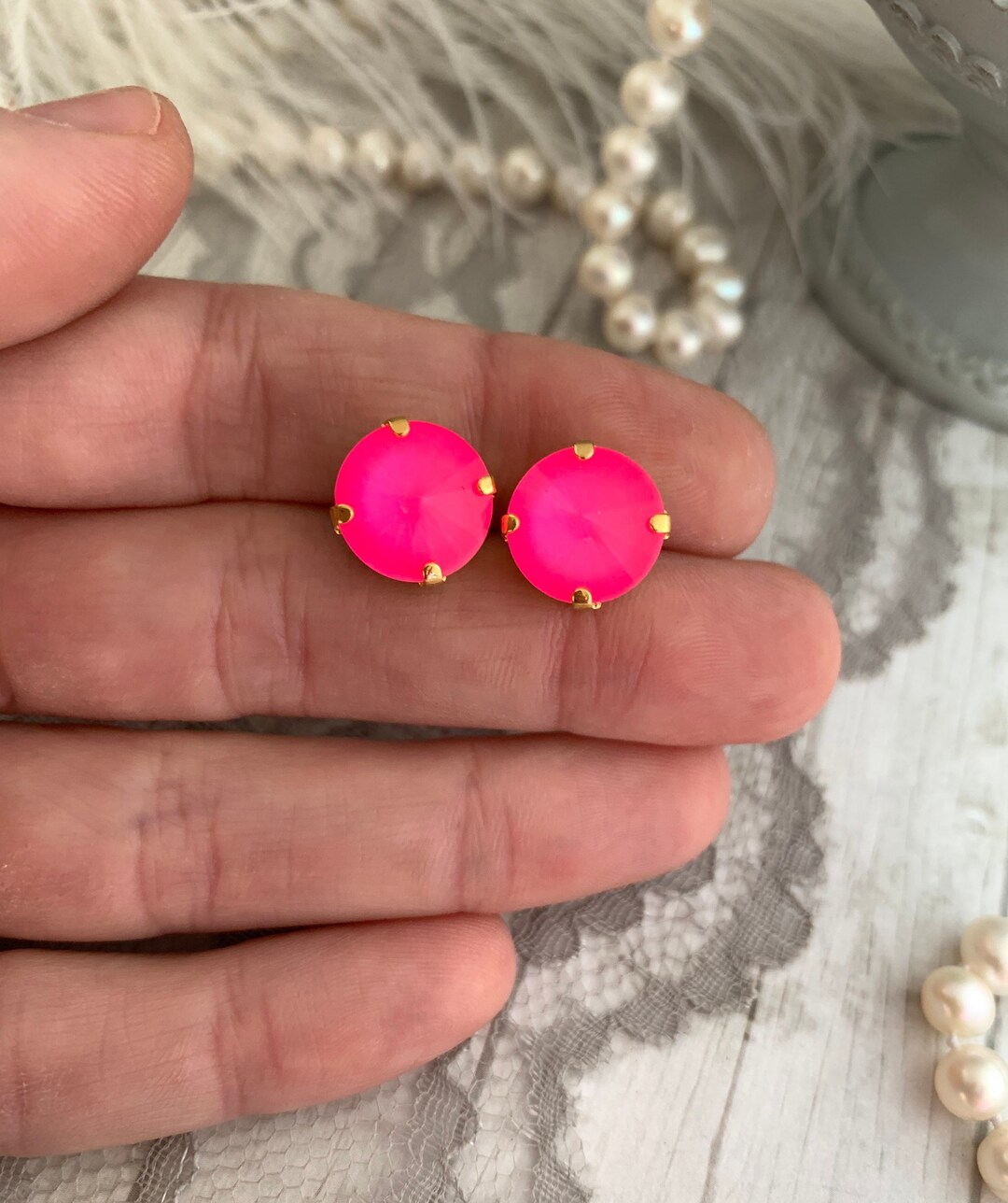 Electric Pink Earring, Neon Pink Stud Earring, Single Stone, Hot Pink ...