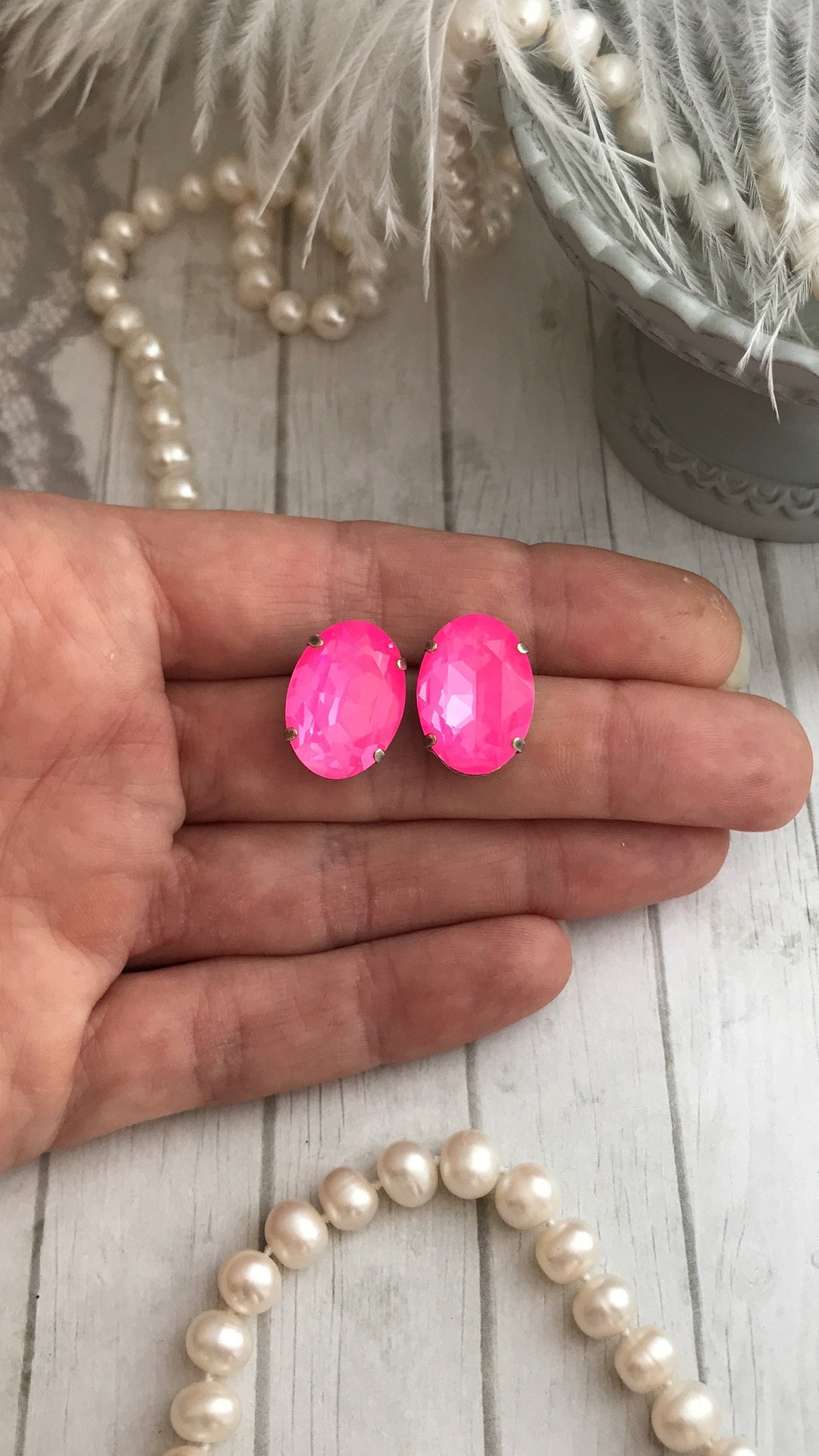 Electric Pink Ignite Oval Cut Crystal Stud Earrings, Neon Pink ...