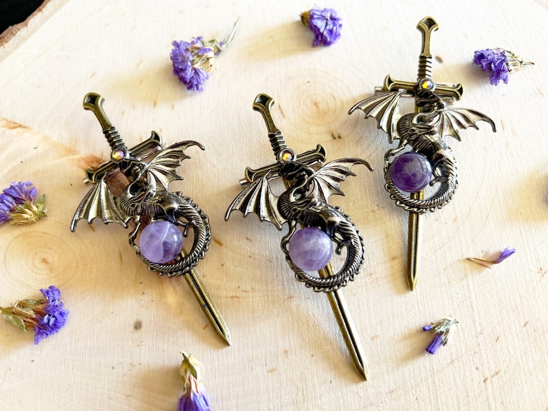 Amethyst Dragon Brooch Dragon Sword Pin Black Dragon Celtic - Etsy