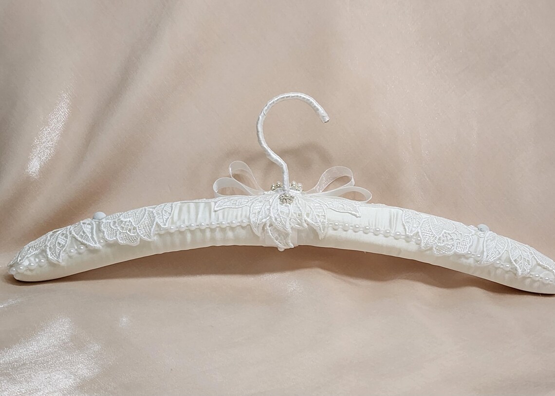 White Satin Wedding Dress Hanger: Pearl Rhinestone, Lace Applique ...