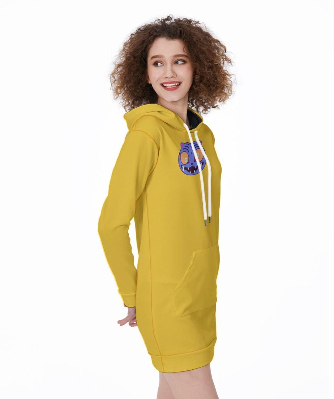 Derpy Tiger Hoodie Dress With Pocket | Yellow Oversized Scuba-knit ...