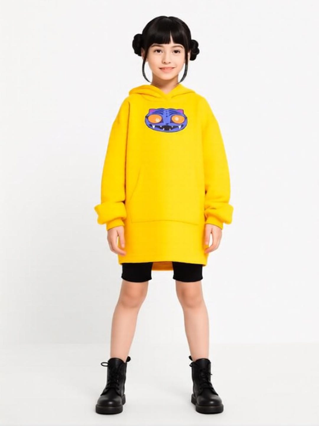 Derpy Tiger Kids Sherpa Hoodie | Yellow Kawaii Oversized Cozy Hooded ...