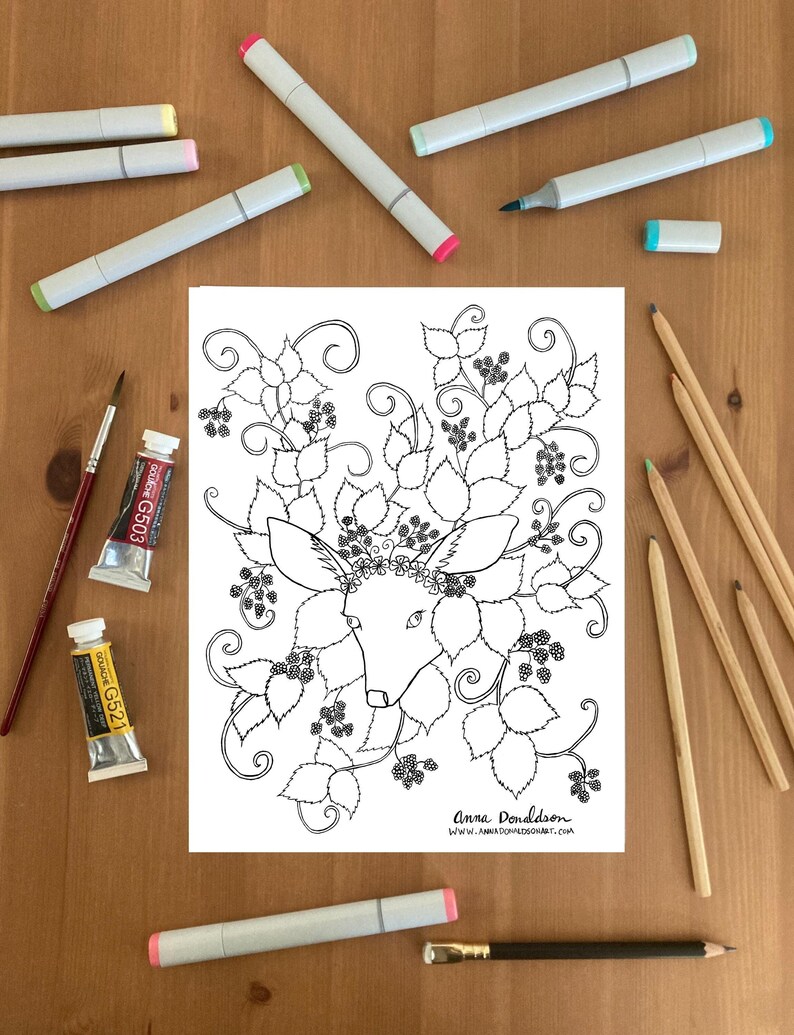 Whimsical Woodland Printable Coloring Page • Blackberry Deer ...