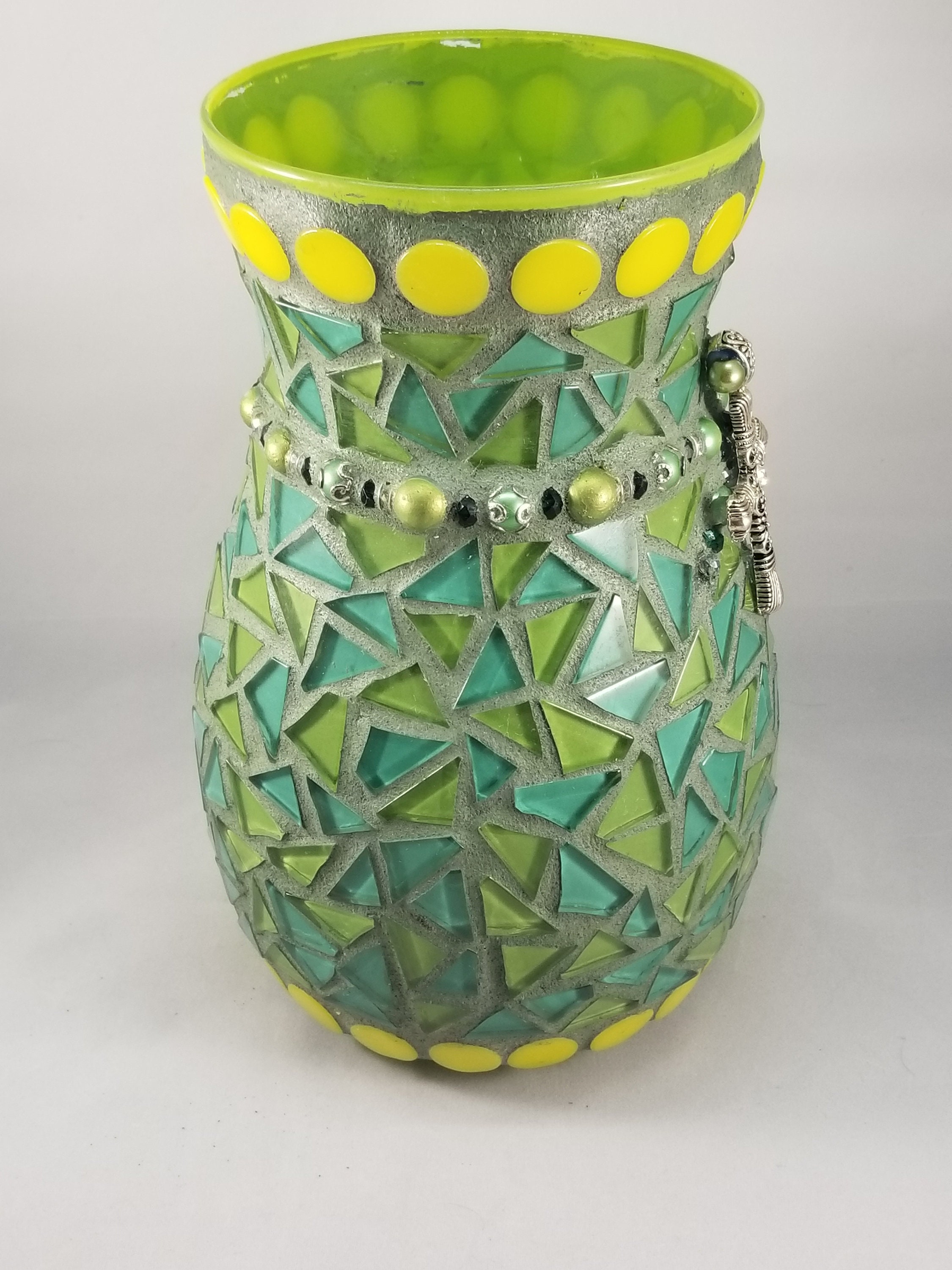 Green and Teal Glass Tile Mosaic Vase Handmade by the Artist VA115 - Etsy