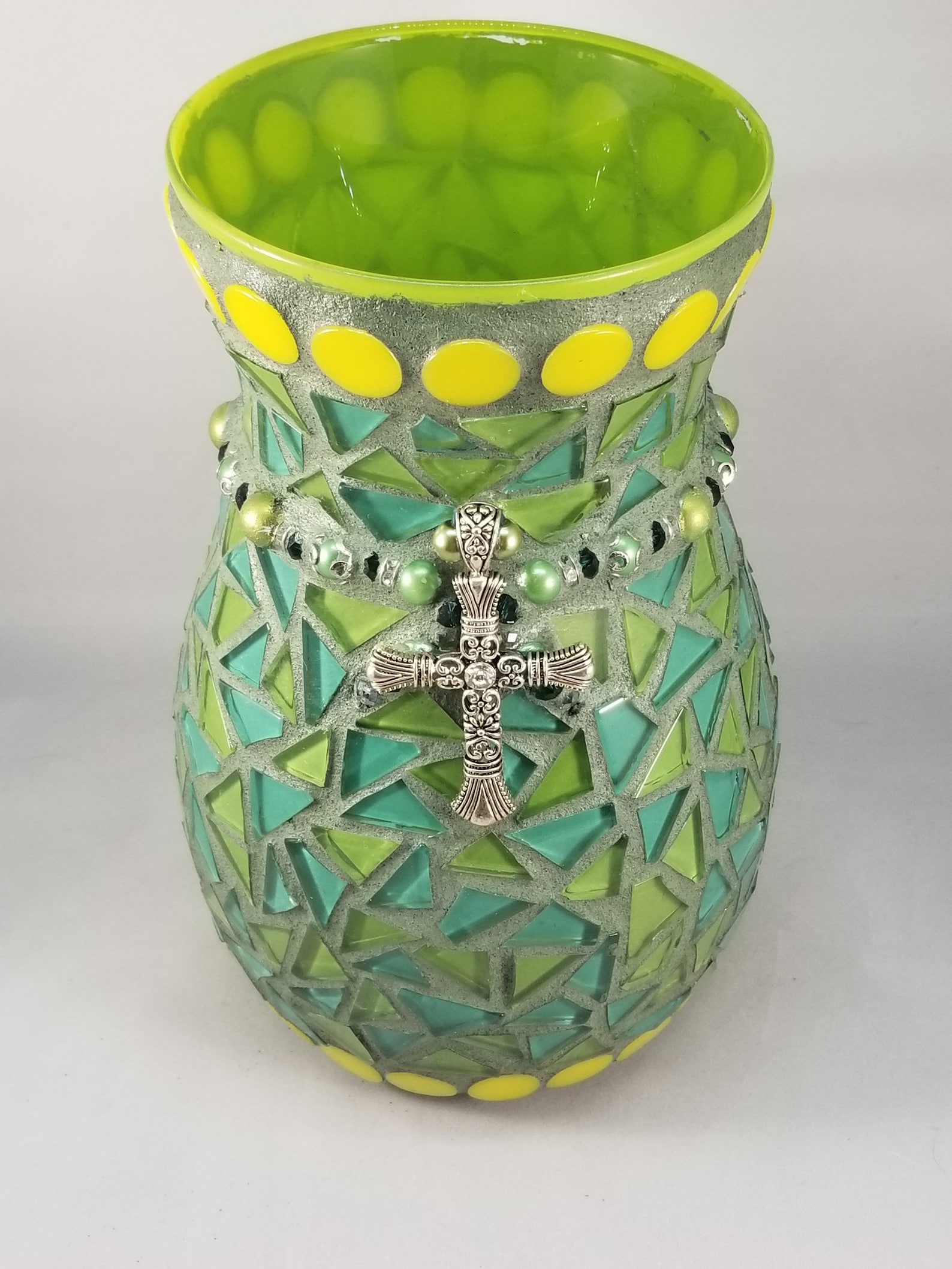 Green and Teal Glass Tile Mosaic Vase Handmade by the Artist VA115 - Etsy