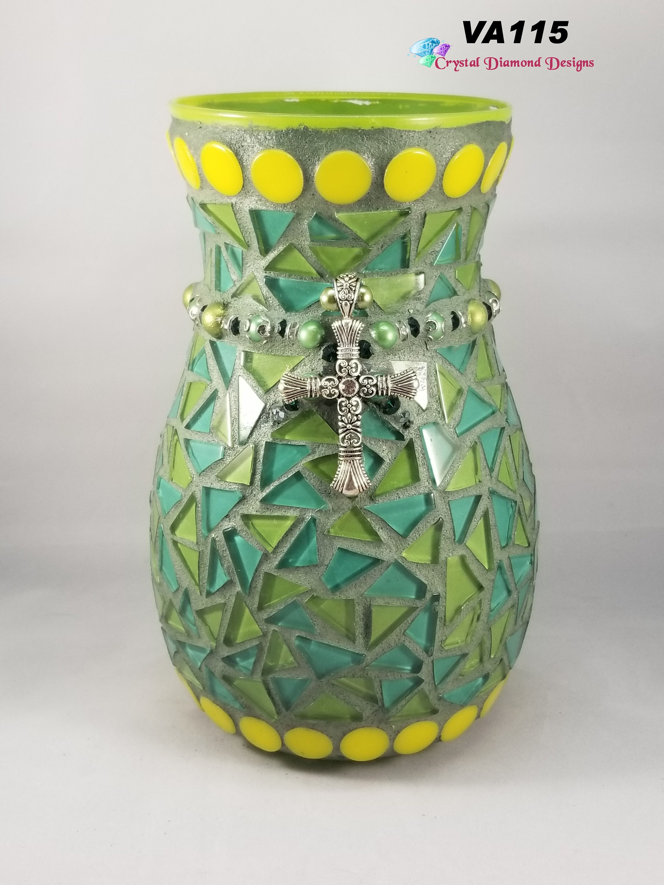 Green and Teal Glass Tile Mosaic Vase Handmade by the Artist VA115 - Etsy