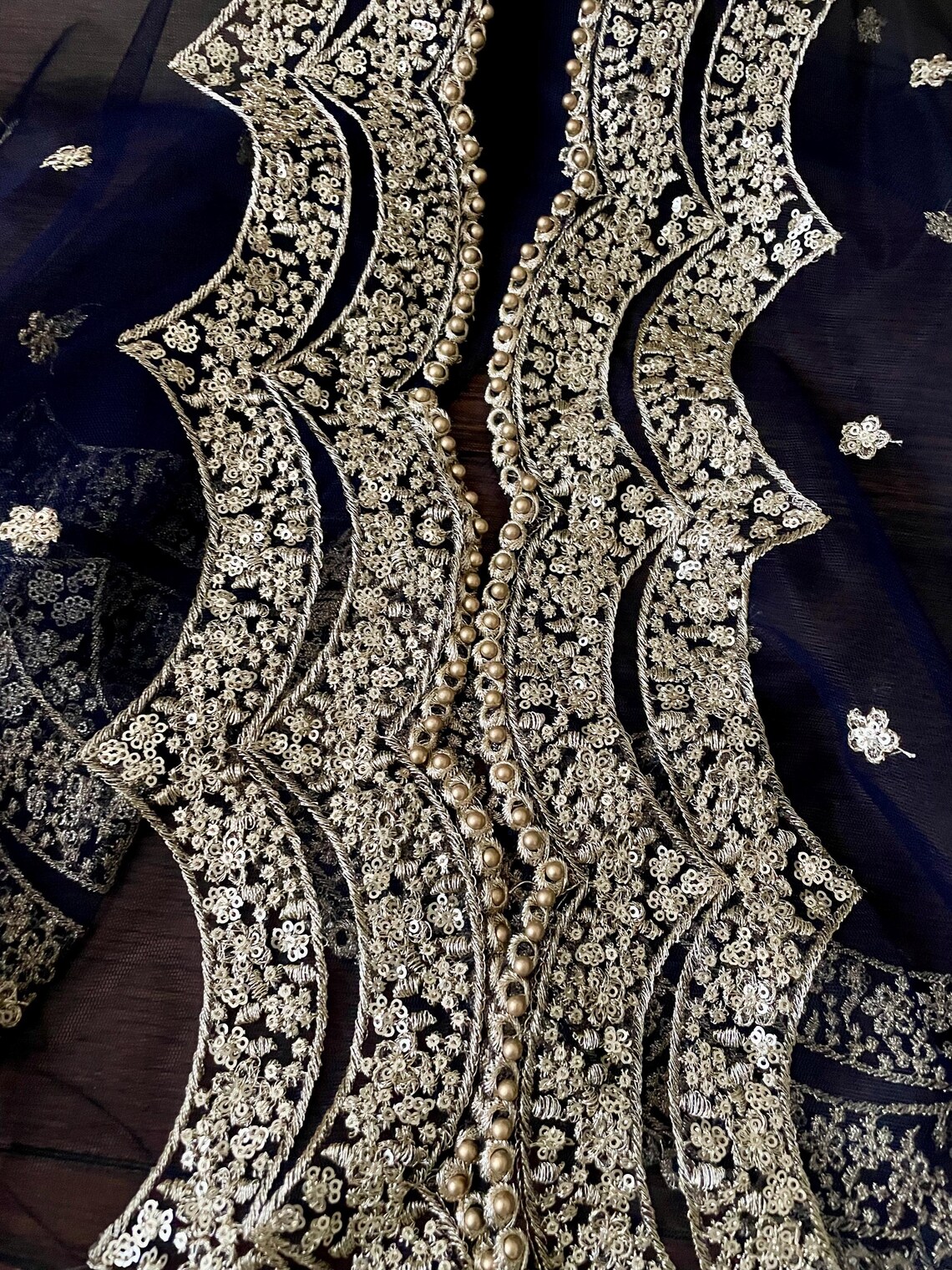 Navy - Blackish Blue| Net Duppattas Scallop Sequin Golden Beads Border ...