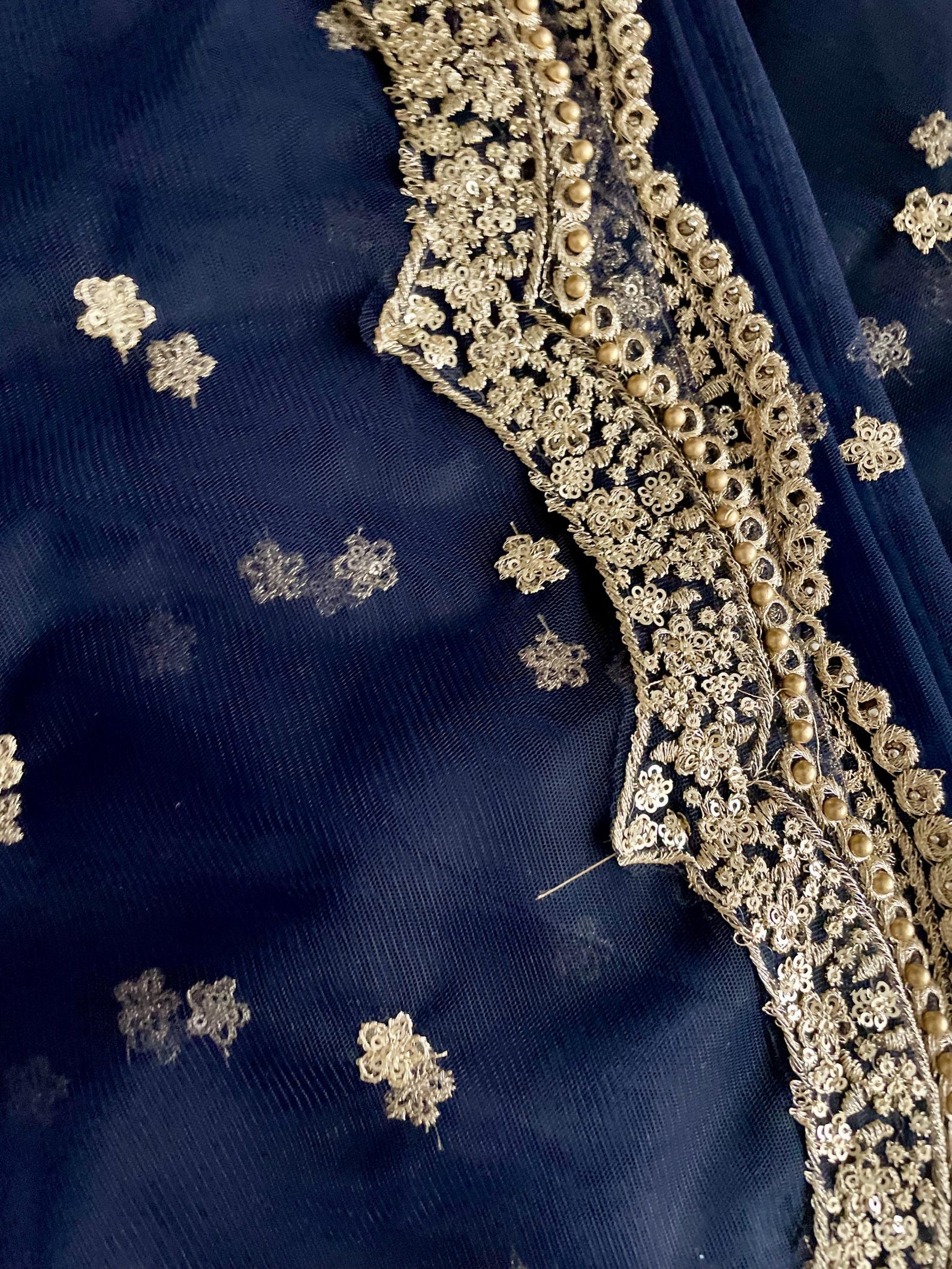 Navy - Blackish Blue| Net Duppattas Scallop Sequin Golden Beads Border ...