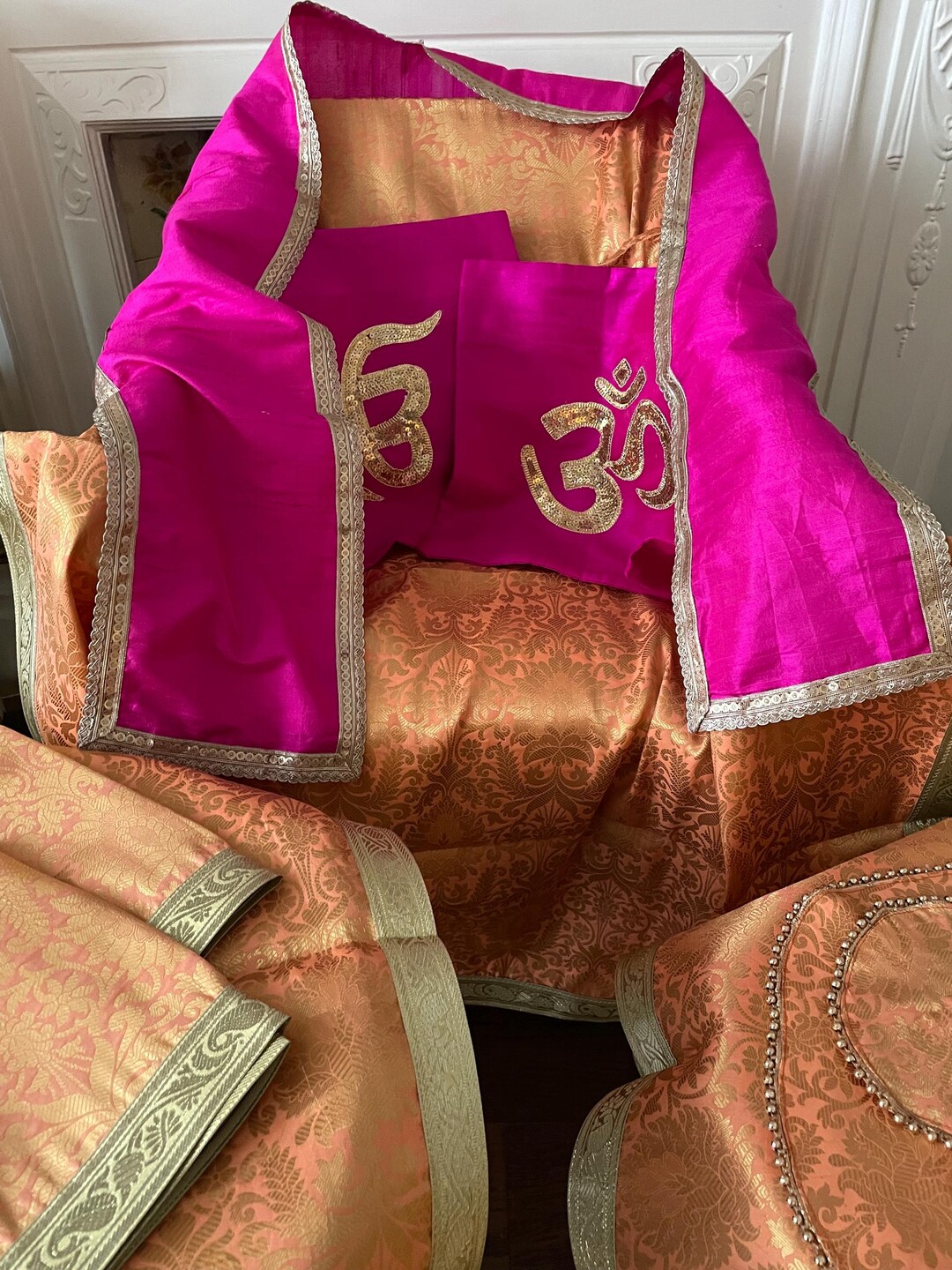 Jai Guruji Chola Set: Peach Brocade, Hot Pink Accents - 12 Piece - Etsy