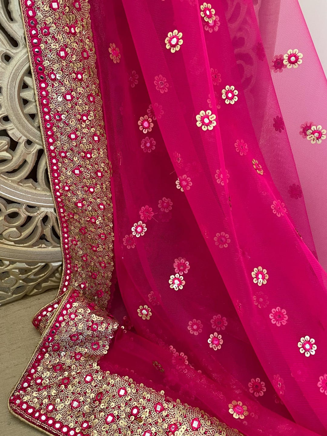 Magenta Pink| Net Duppattas Broad Sequin Cluster Faux Mirror Work ...