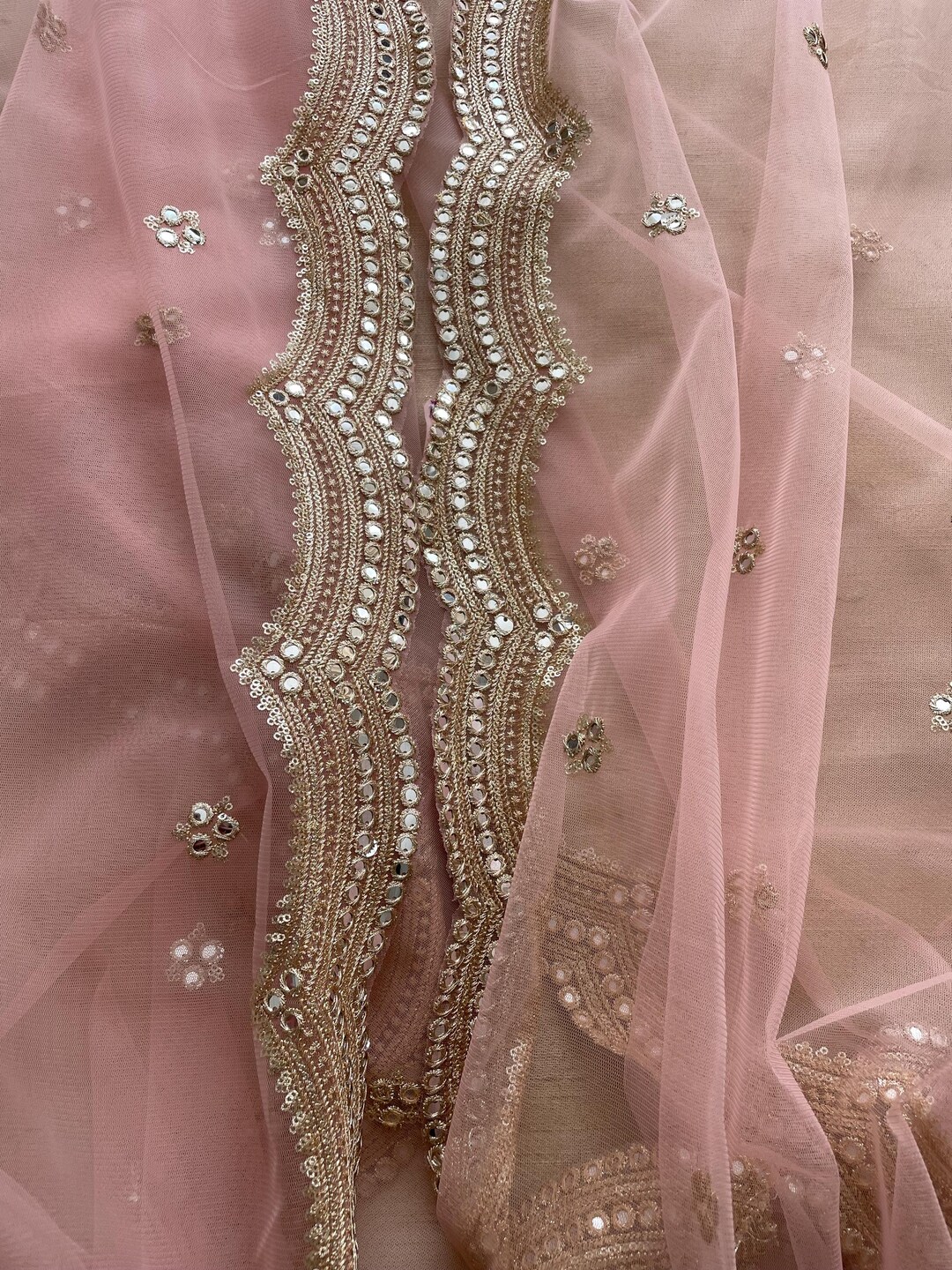 Light Pink Net Duppatta: Scalloped Sequin Foil Mirror Border - Etsy