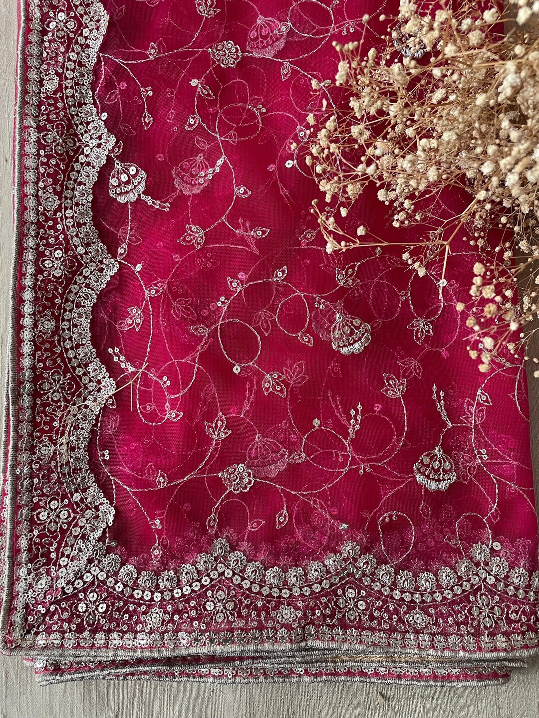 Dark Pink Net Duppattas Sequin Border Scarf Chunni With Overall Jaal ...