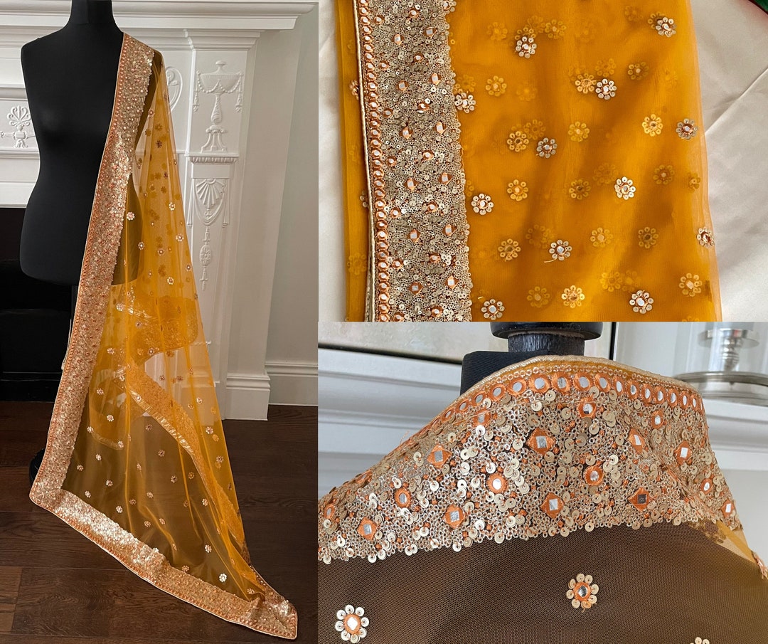 Orange Net Duppatta: Sequin & Mirror Work Border, Indian Wedding Scarf ...