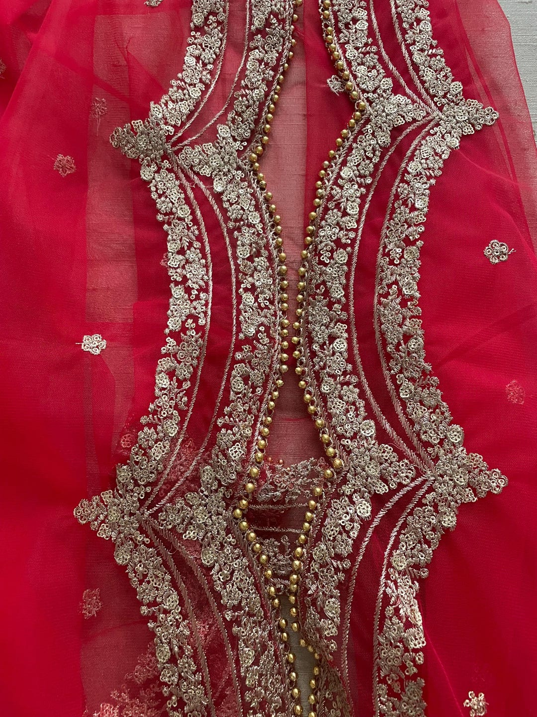 Red Net Dupatta: Scalloped Sequin Border, Golden Beads - Etsy