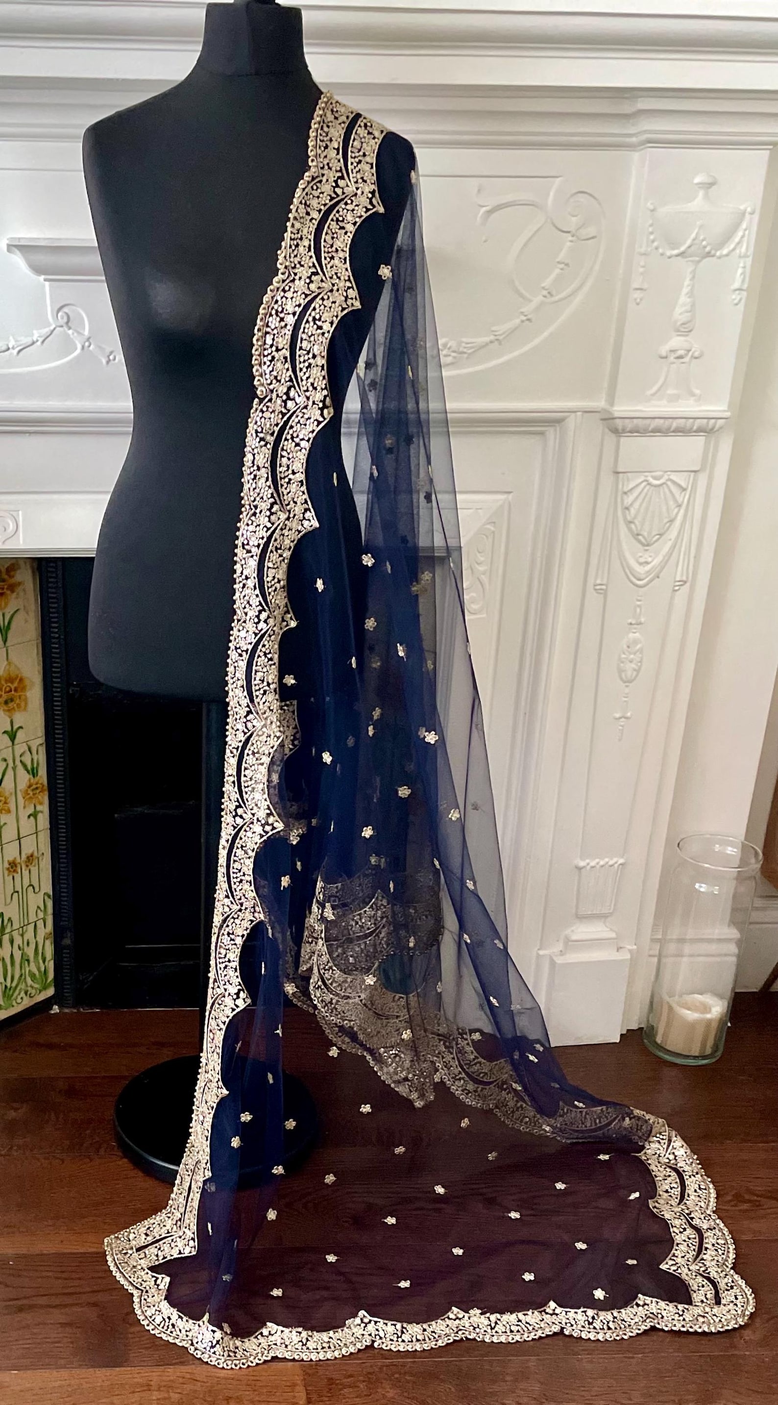 Navy - Blackish Blue| Net Duppattas Scallop Sequin Golden Beads Border ...