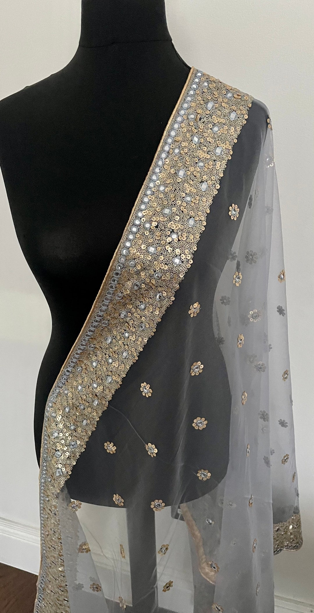 Grey Net Duppattas Broad Sequin Cluster Faux Mirror Work Border Scarf ...