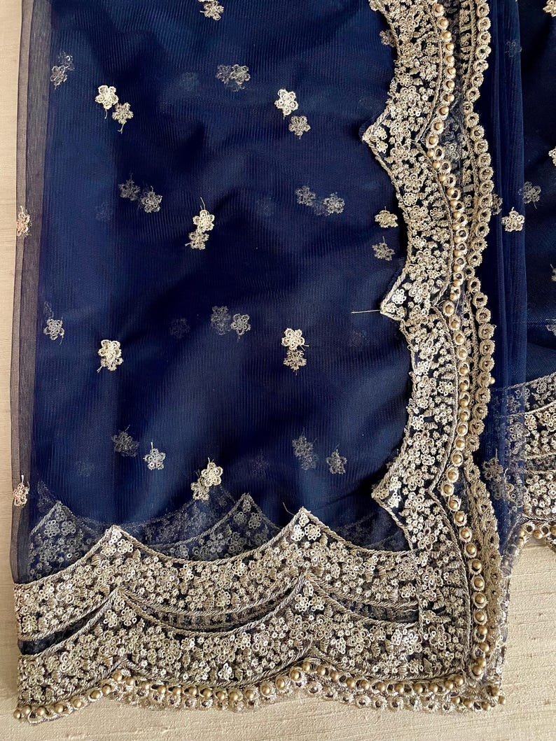 Navy - Blackish Blue| Net Duppattas Scallop Sequin Golden Beads Border ...
