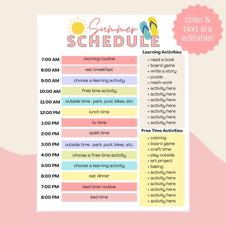 Editable Kids Daily Schedule Template, Summer Daily Checklist for Kids ...