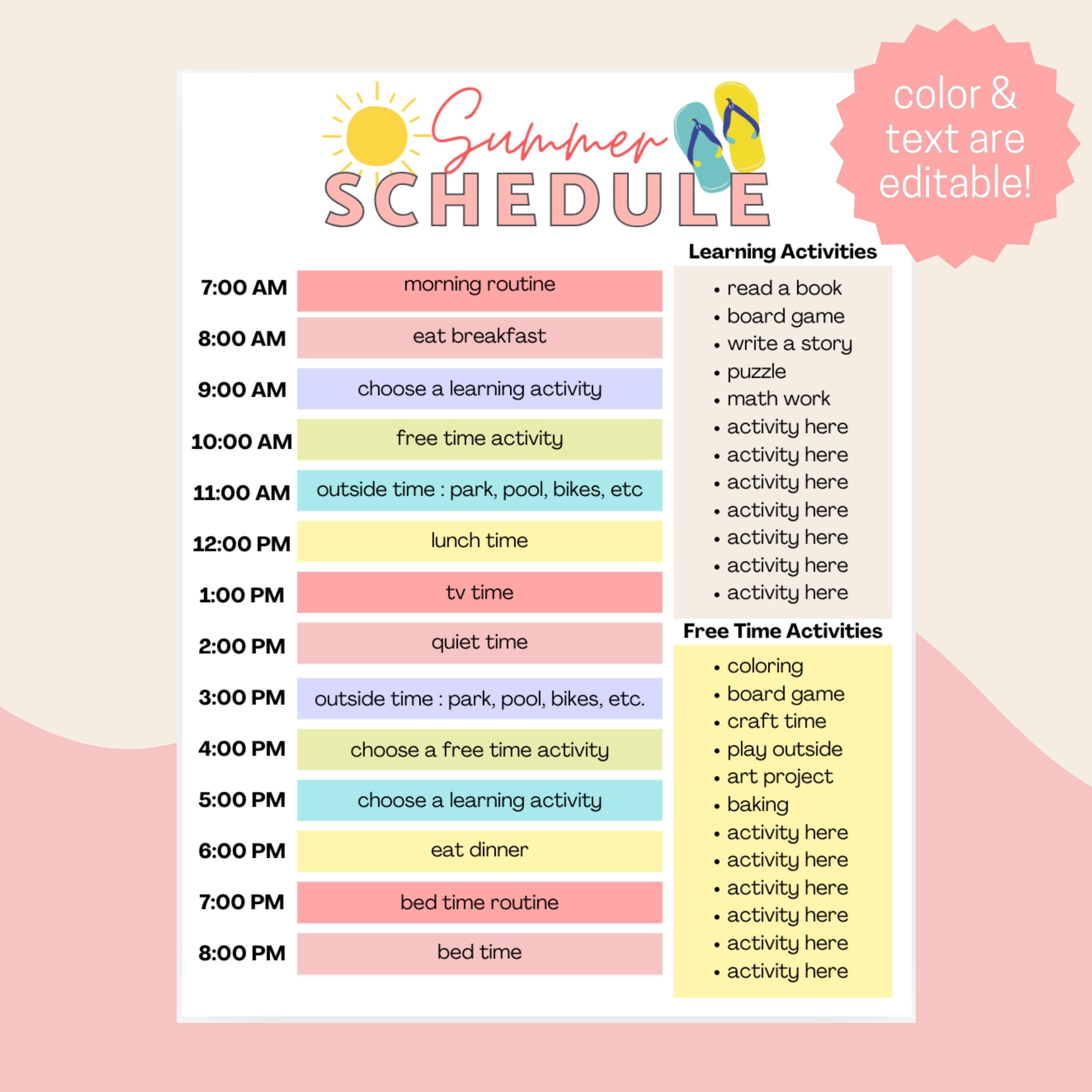 Editable Kids Daily Schedule Template, Summer Daily Checklist for Kids ...