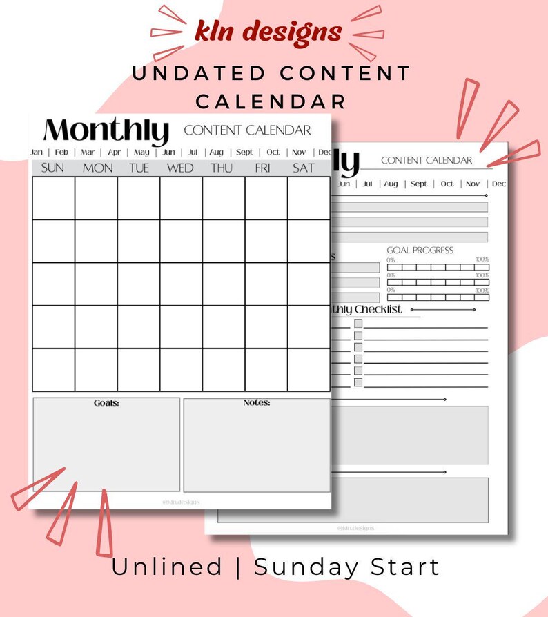 Printable Undated Calendar, Content Calendar PDF, Minimalist, Letter Size, Sunday Start, Instant ...