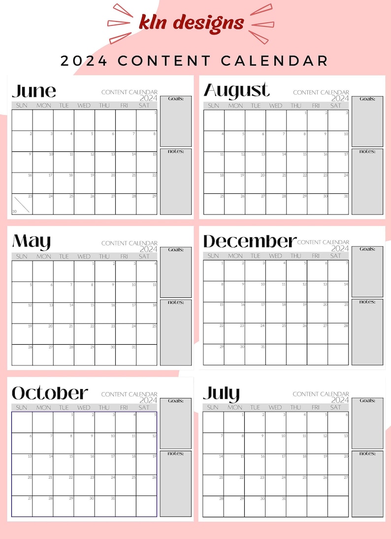Printable 2024 Calendar, Content Calendar PDF, Minimalist, Letter Size, Landscape, Sunday Start ...