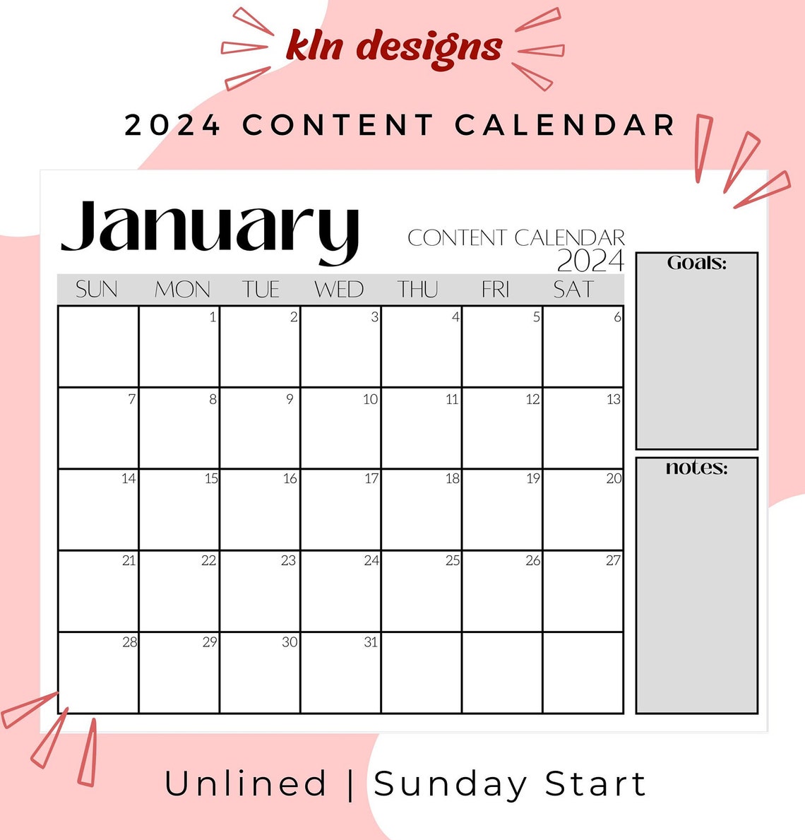 Printable 2024 Calendar, Content Calendar PDF, Minimalist, Letter Size ...