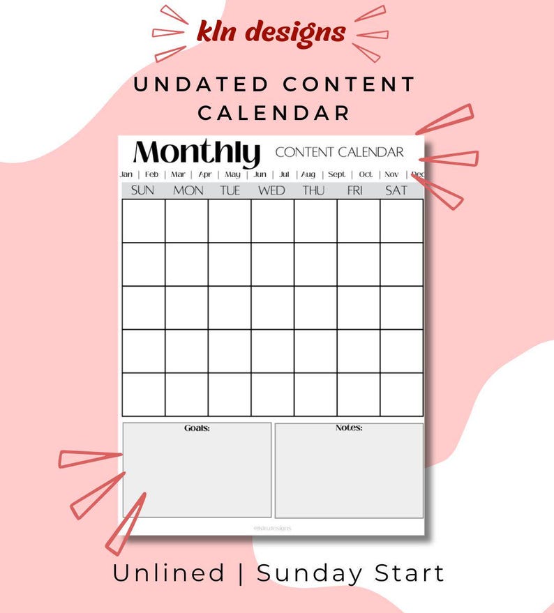 Printable Undated Calendar, Content Calendar PDF, Minimalist, Letter ...