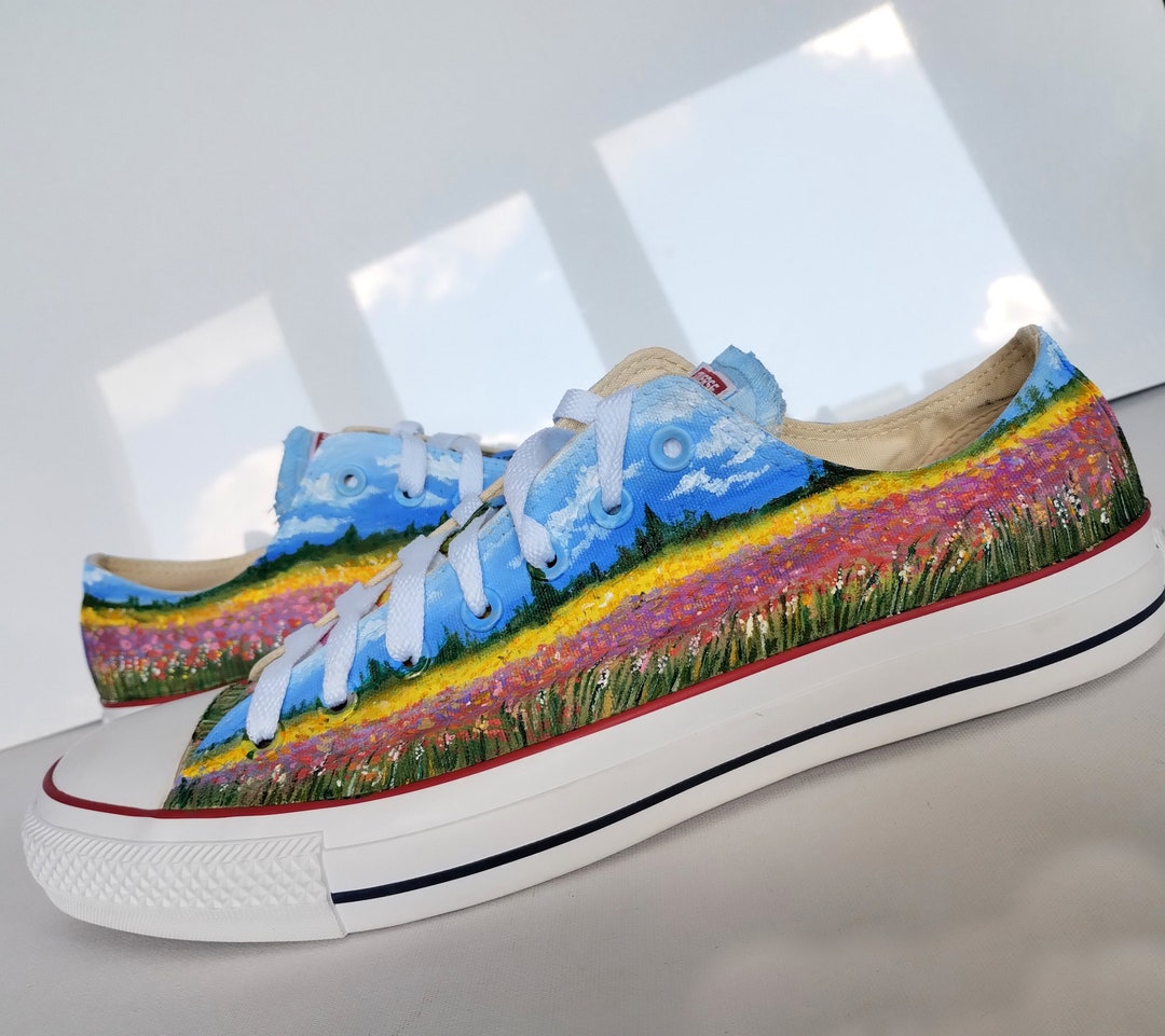 Custom Hand-painted Floral Sneakers: Summer Meadow Landscape Art - Etsy