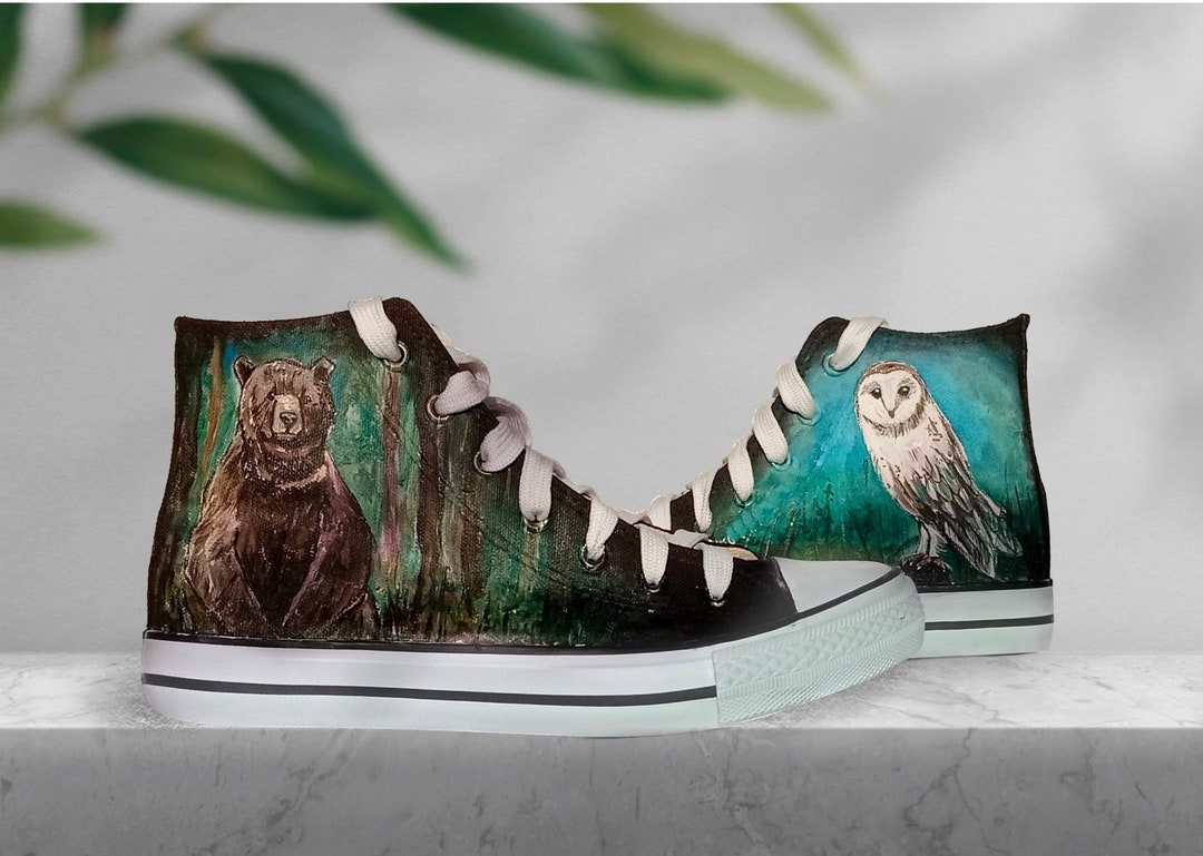 Custom Hand-painted Bear & Owl Shoes – Nature-inspired Animal Sneakers ...