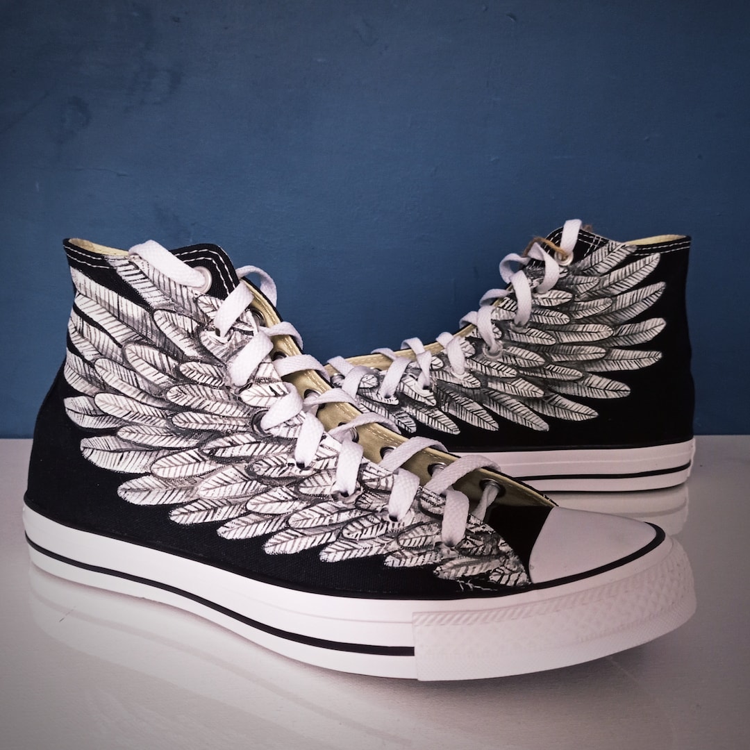 Hand-painted Black Angel Wings Shoes: Custom Feather Sneakers, Guardian ...