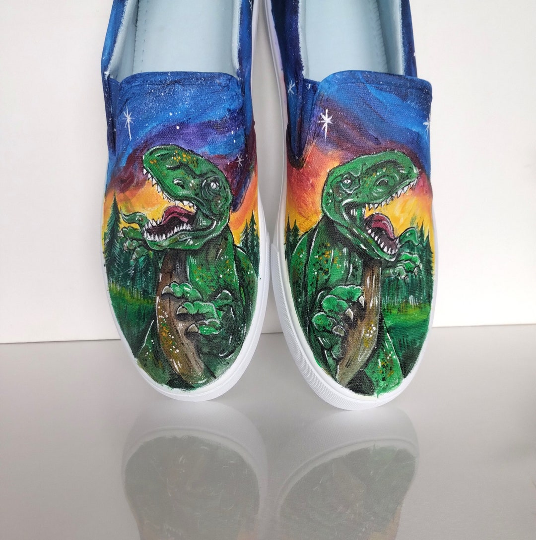 Custom Hand Painted T-rex Slip on Shoes, Dinosaur Slip on Shoes for ...