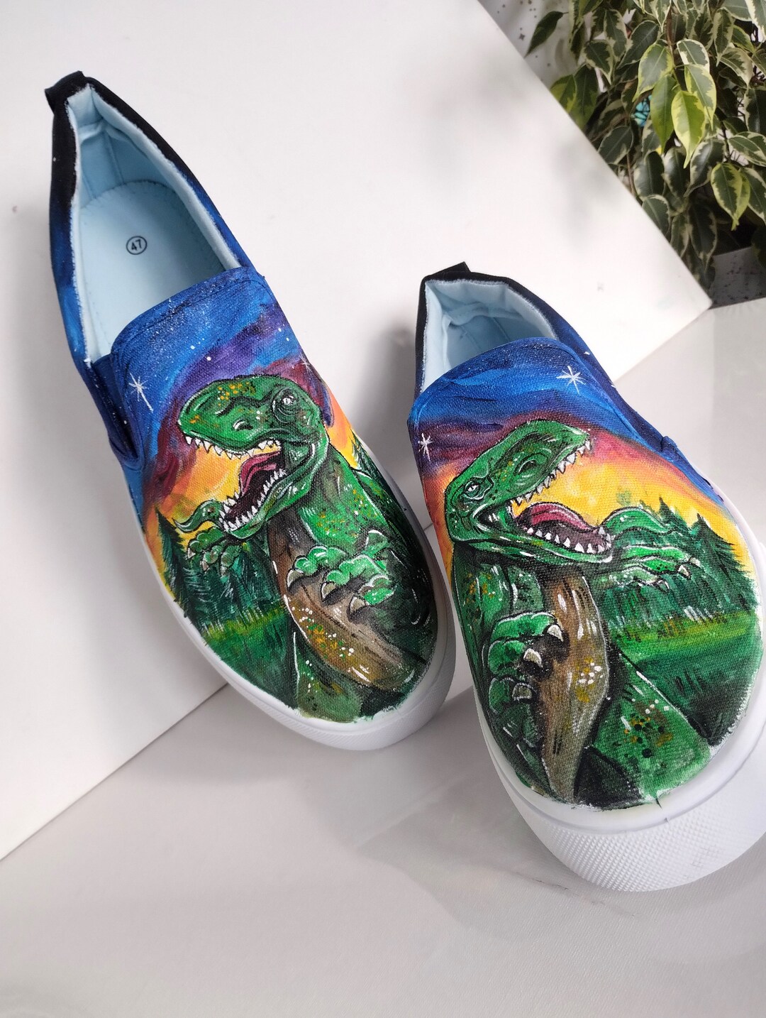 Custom Hand Painted T-rex Slip on Shoes, Dinosaur Slip on Shoes for ...