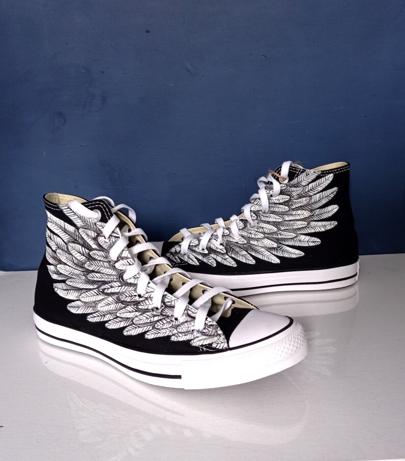 Hand-painted Black Angel Wings Shoes: Custom Feather Sneakers, Guardian ...