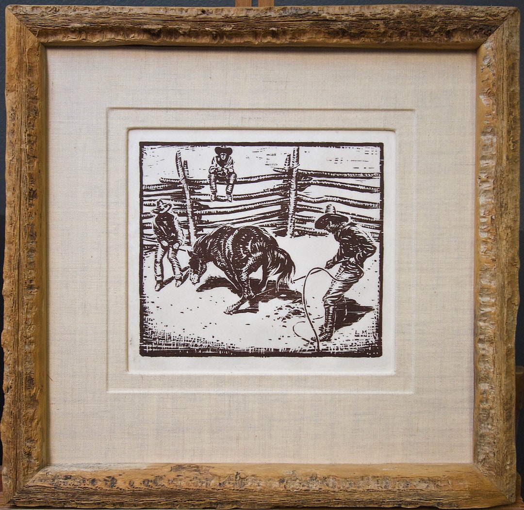 Bronc by Lon Megargee, Woodblock Print Ca. 1920s With Handmade Saguaro ...