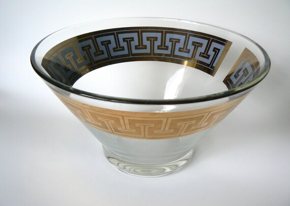 Vintage Mid Century Greek Key Glass Punch Bowl | Etsy