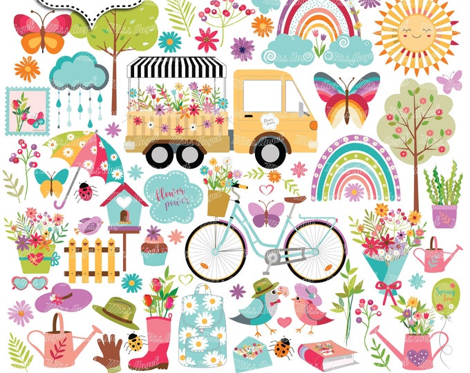 Spring Clipart Bundle. Cute Spring Garden Digital Set. Flowers Clipart ...