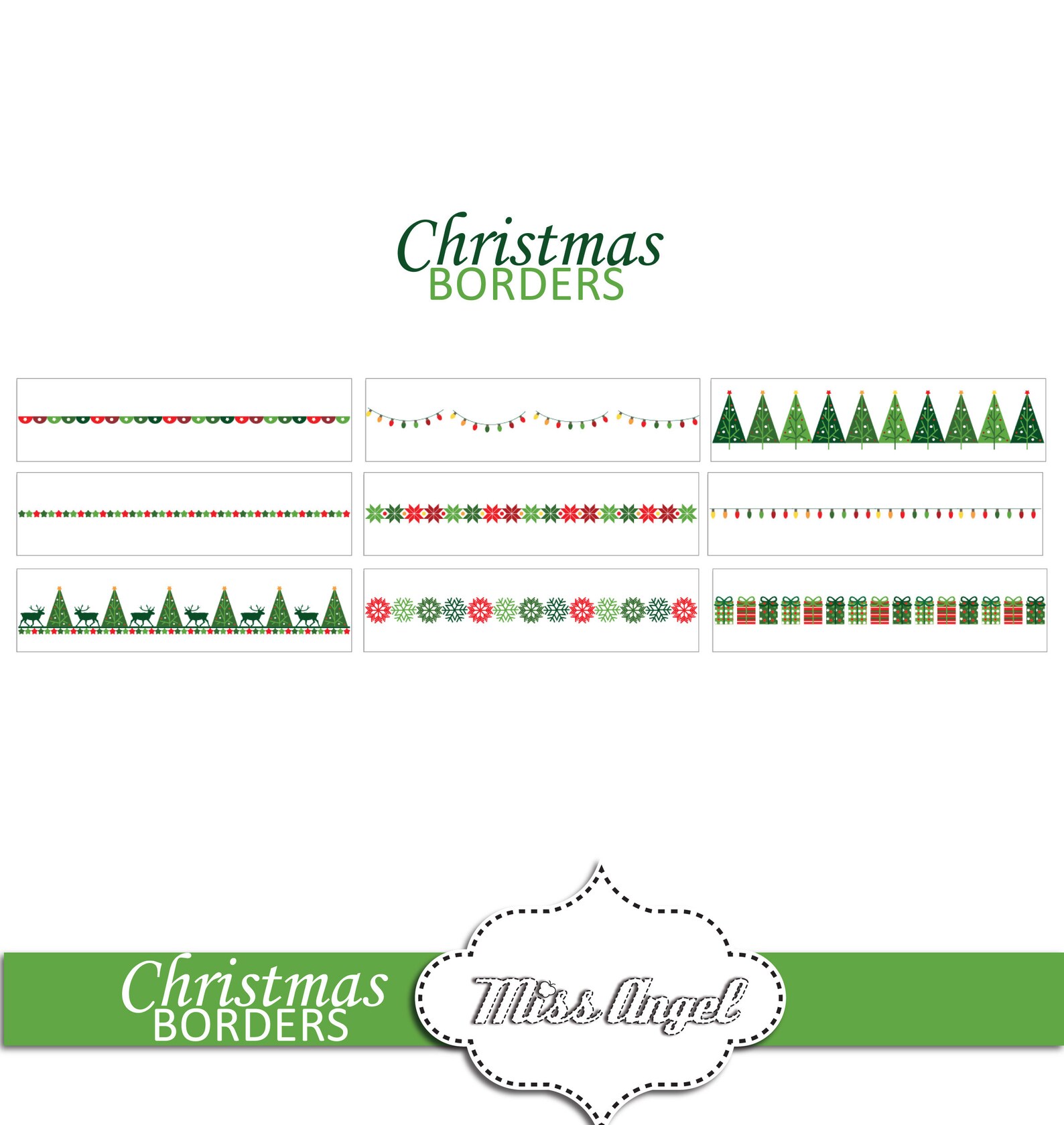Digital Christmas Borders Clipart. Small Commercial Use. Green Red ...