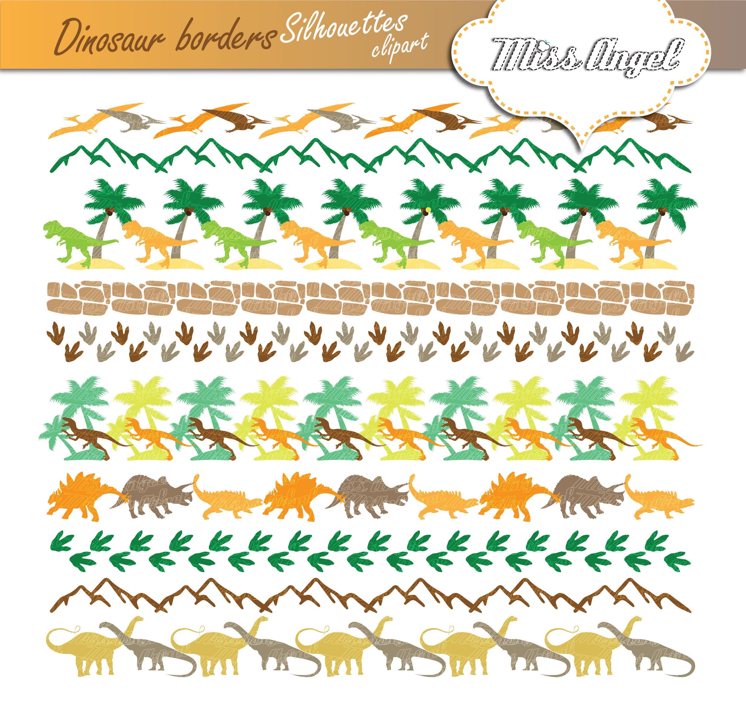 Dinosaur Digital Borders Clip Art. Small Commercial Use. Orange, Green ...