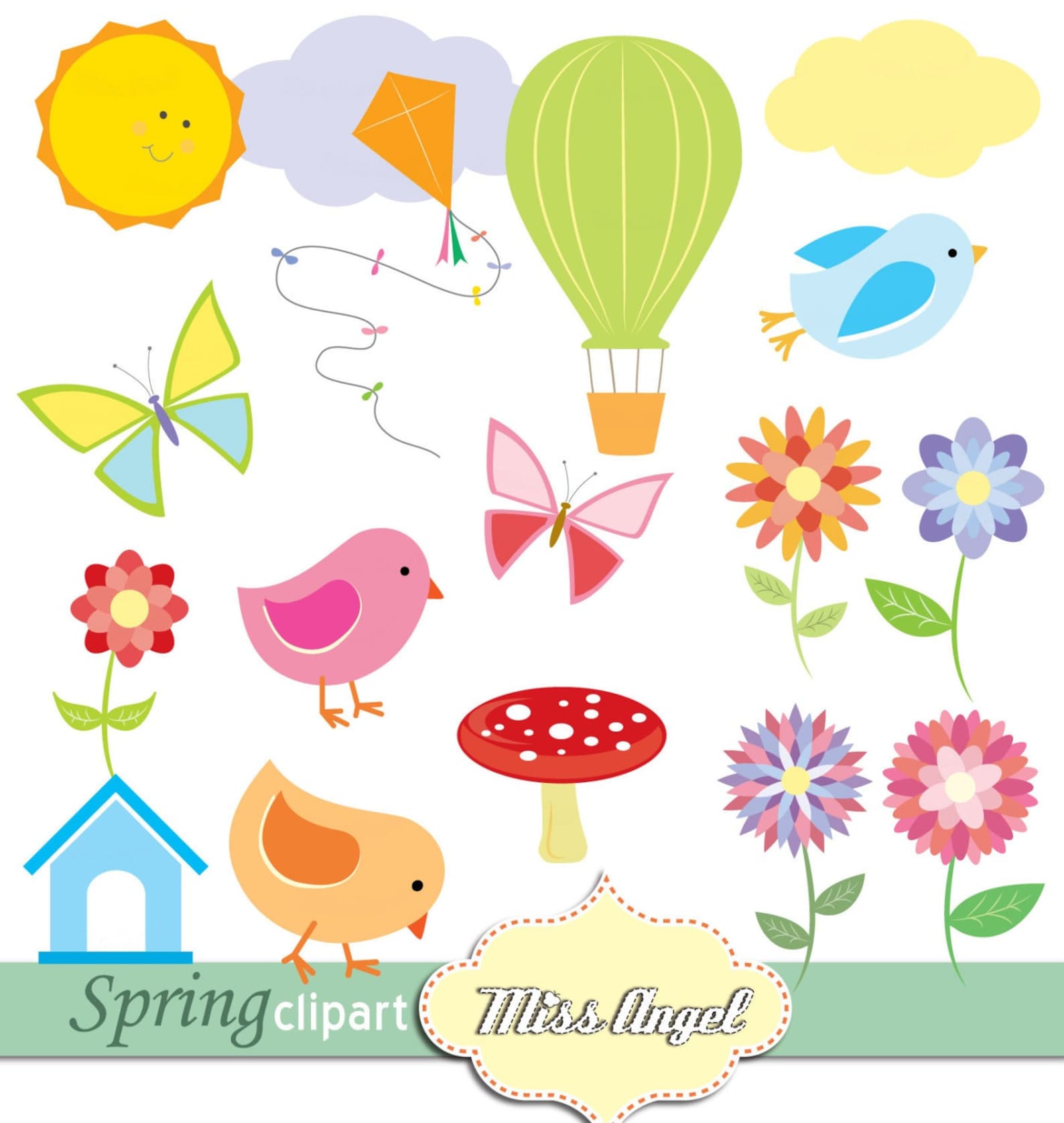 Colorful Spring CLIPART, Flowers, Butterflies, Hot Air Balloon, Sun ...