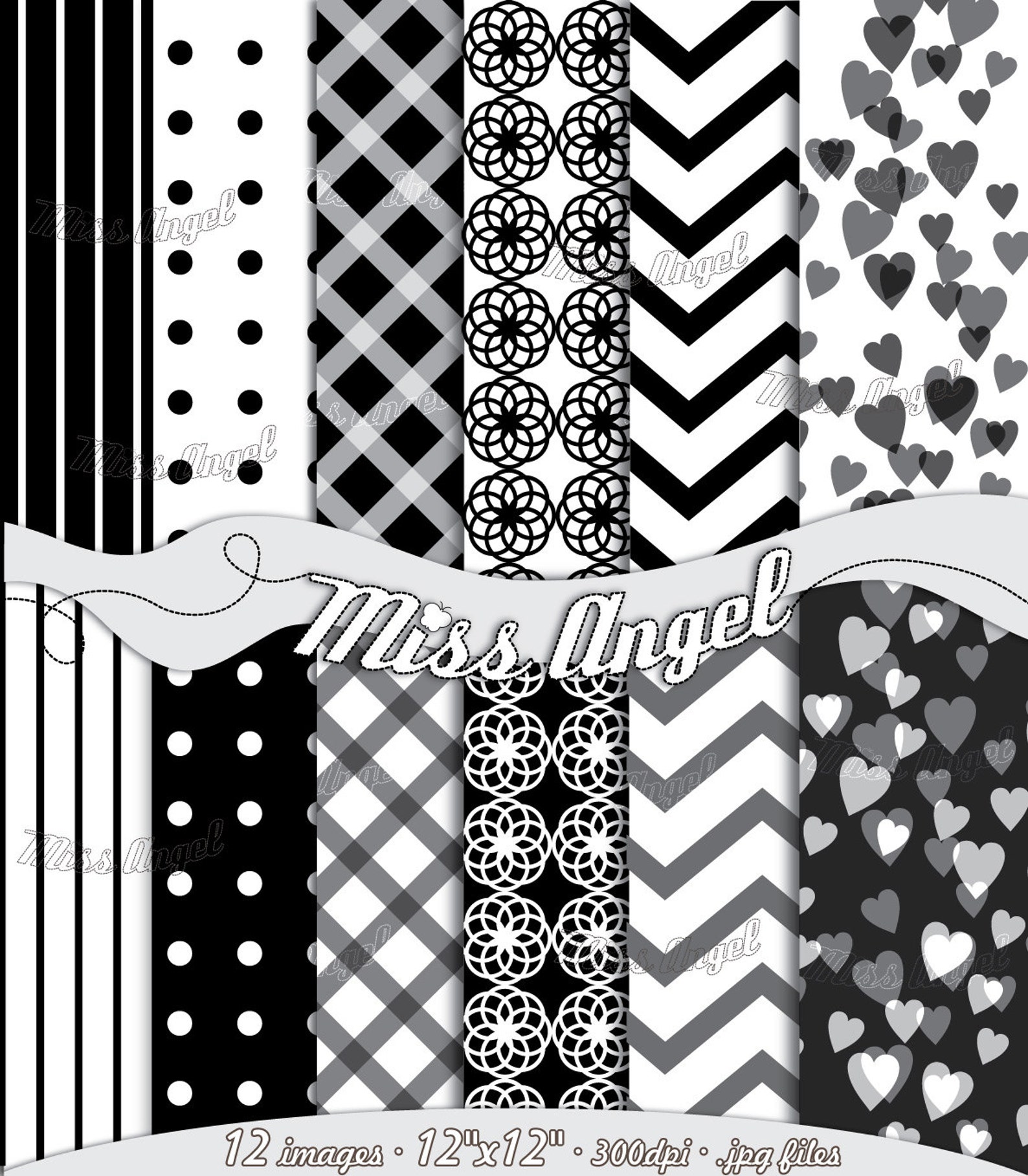 Black & White Digital Papers, Mixed Sheets, 12 Scrapbook Backgrounds ...