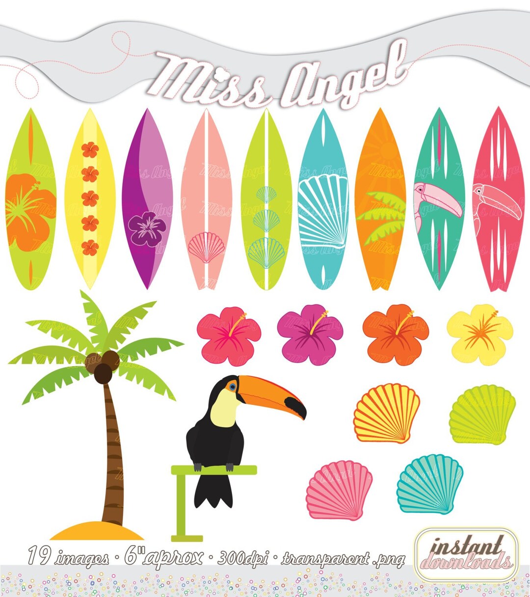 CLIPART SET Summer, Printable Surfboards, Palmtree, Toucan, Shells ...