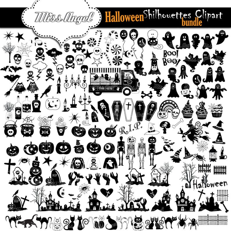 Halloween Silhouettes Clipart. Black and White Digital Halloween Clip ...