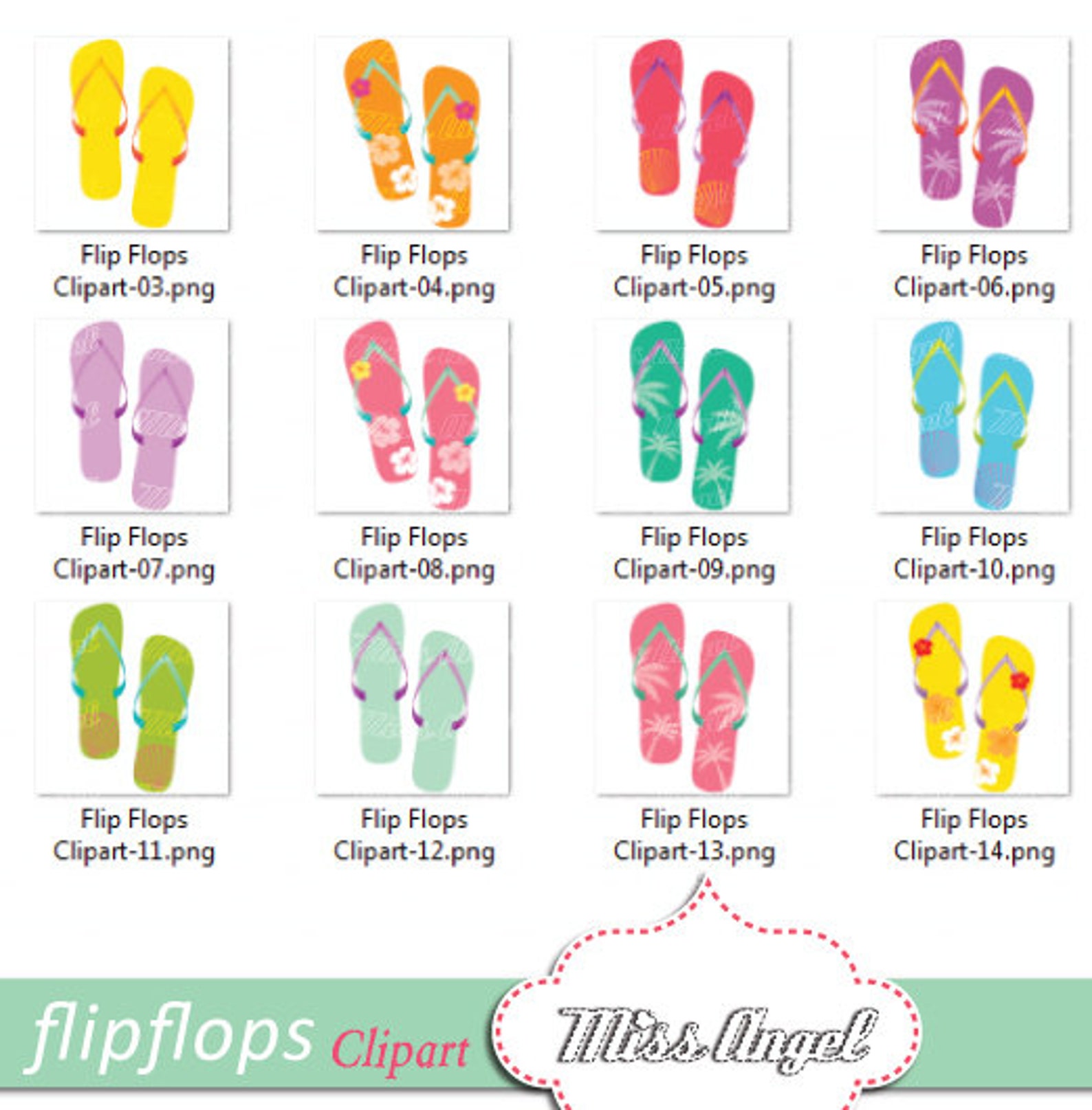 Flip Flops Clipart, Summer Thongs Clip Art. Palmtree, Hibiscus ...