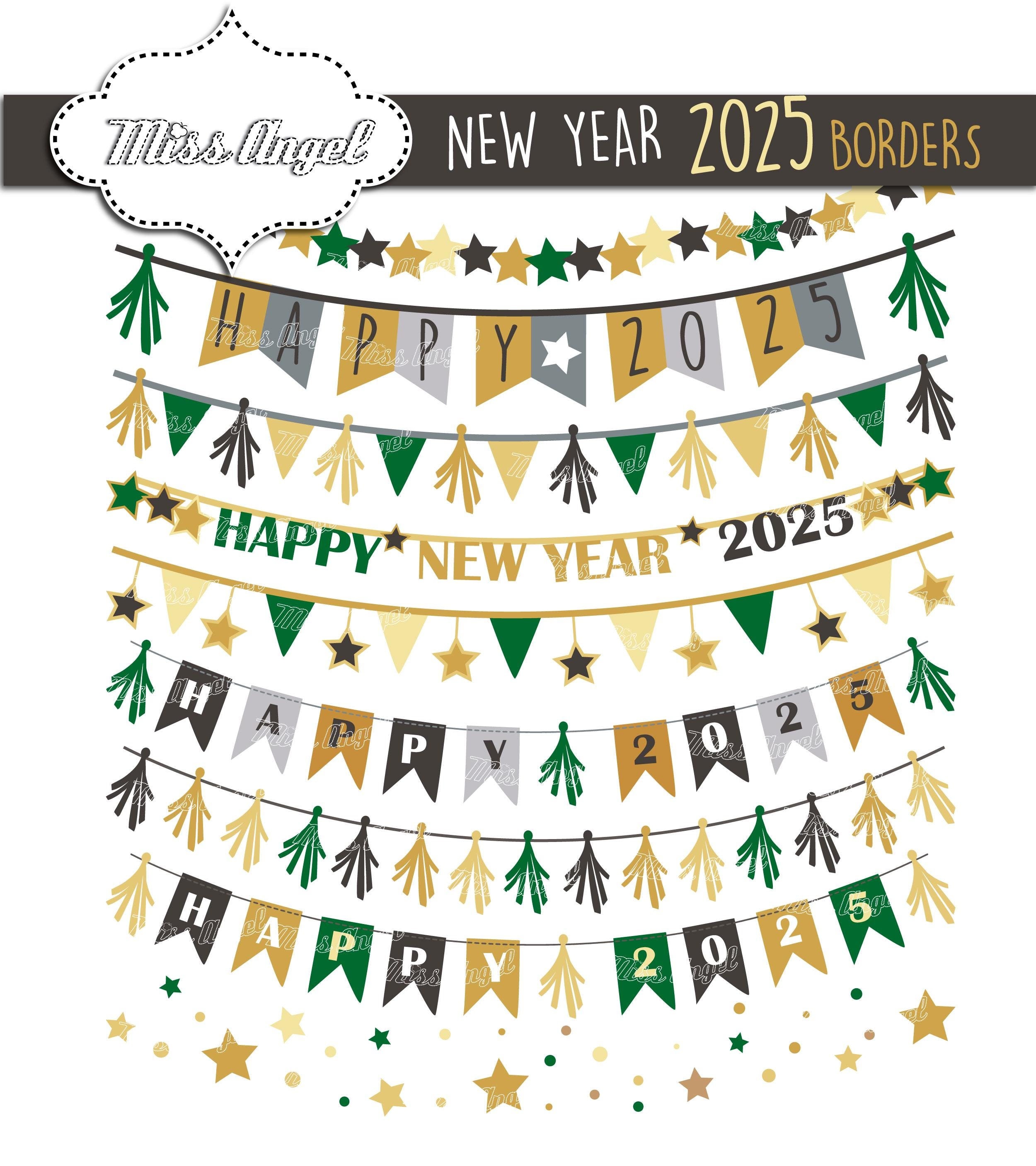 New Year Clipart Buntings. New Year's 2025 Garlands. Gold, Grey, Green ...
