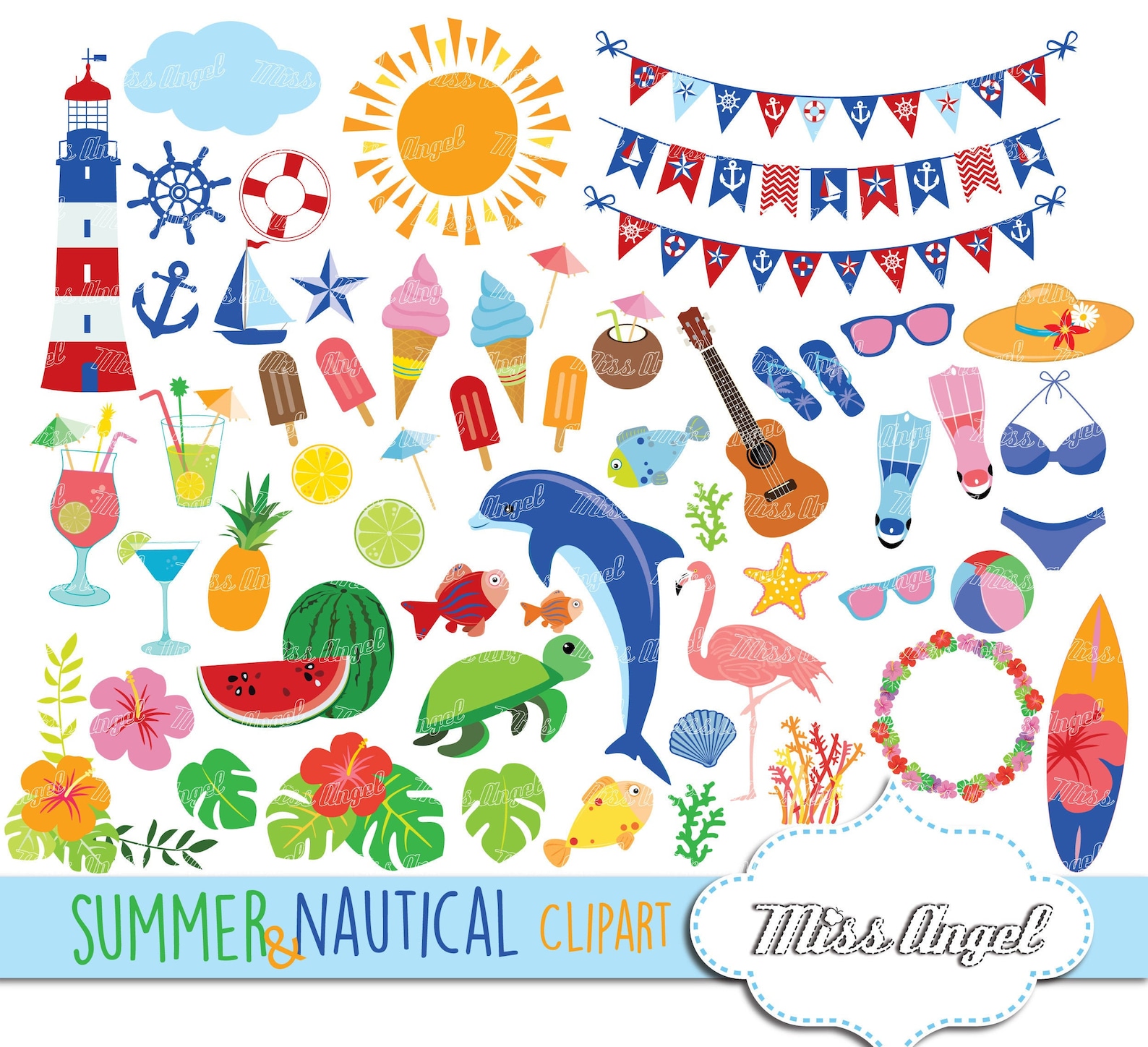Summer Nautical Clipart Bundle. Hawaii Tropical Beach Clip Art ...