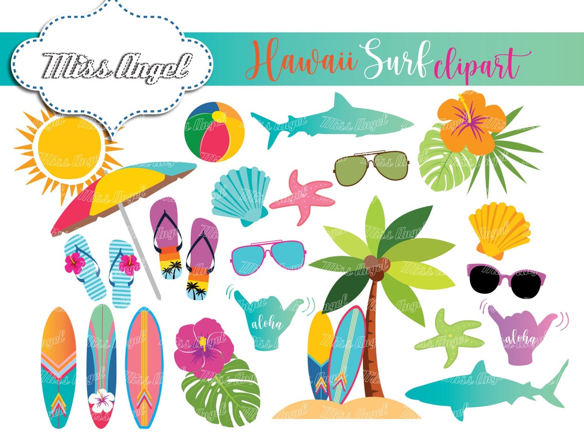Hawaii Surf Clipart. Beach Clip Art, Summer Surfboards, Palm Trees ...