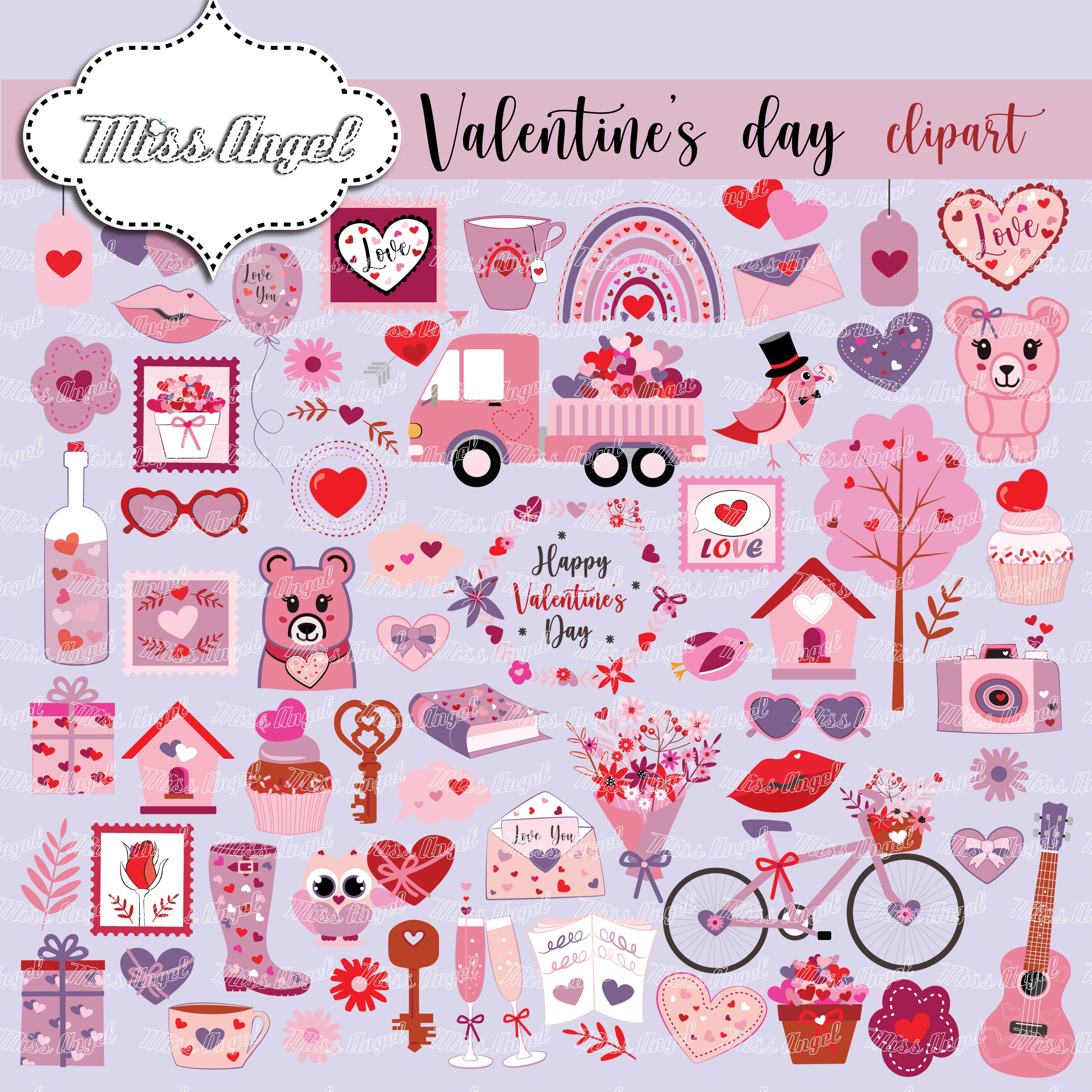 Valentines Day Clipart. Cute Valentines Bundle. Truck, Bike, Flowers ...