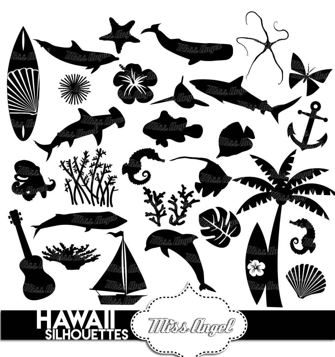 Hawaii Silhouette Clipart. Tropical Clipart, Luau Party Décor. Hawaiian ...